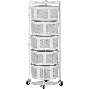 Flesser Rotating Baskets Storage Rack 5 Tier Round Kitchen Rolling Cart with Wheels White Fruit Vegetable Baskets Organizer Stand for Bathroom,Bedroom