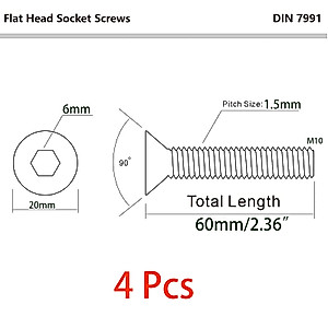 4 Pcs M10-1.50 x 60mm Flat Head Socket Cap Screws Bolts, Stainless Steel 18-8 (304), Bright Finish, Allen Socket Drive,Machine Screws Inner Hex Screw Fasteners Bolts