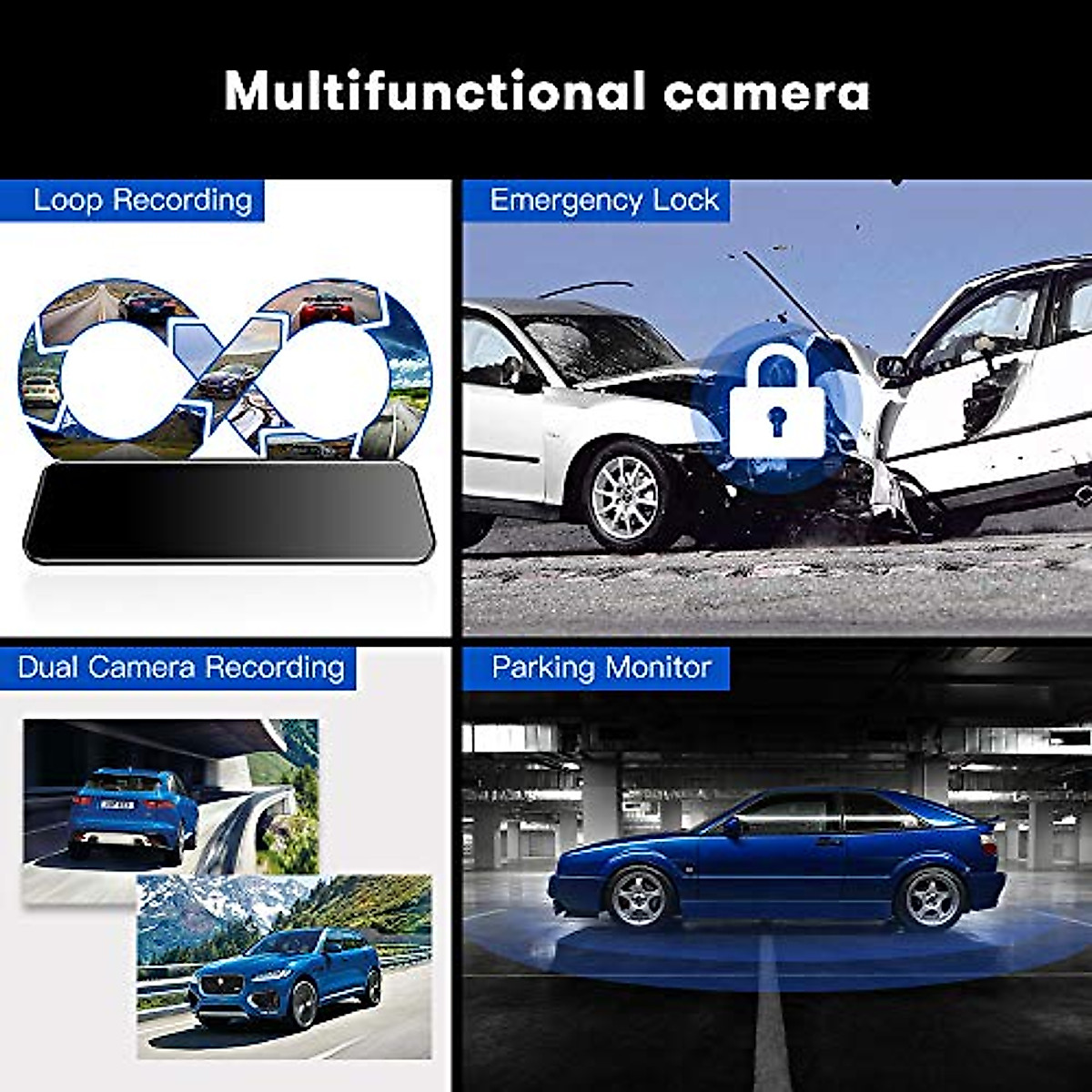 AZDOME 12" Mirror Dash Cam Backup Camera, 1080P Full HD Smart Rearview Mirror for Cars & Trucks, 1080P Front and Rear View Dual Cameras, Night Vision, Parking Assistance, Free 64GB Card & GPS