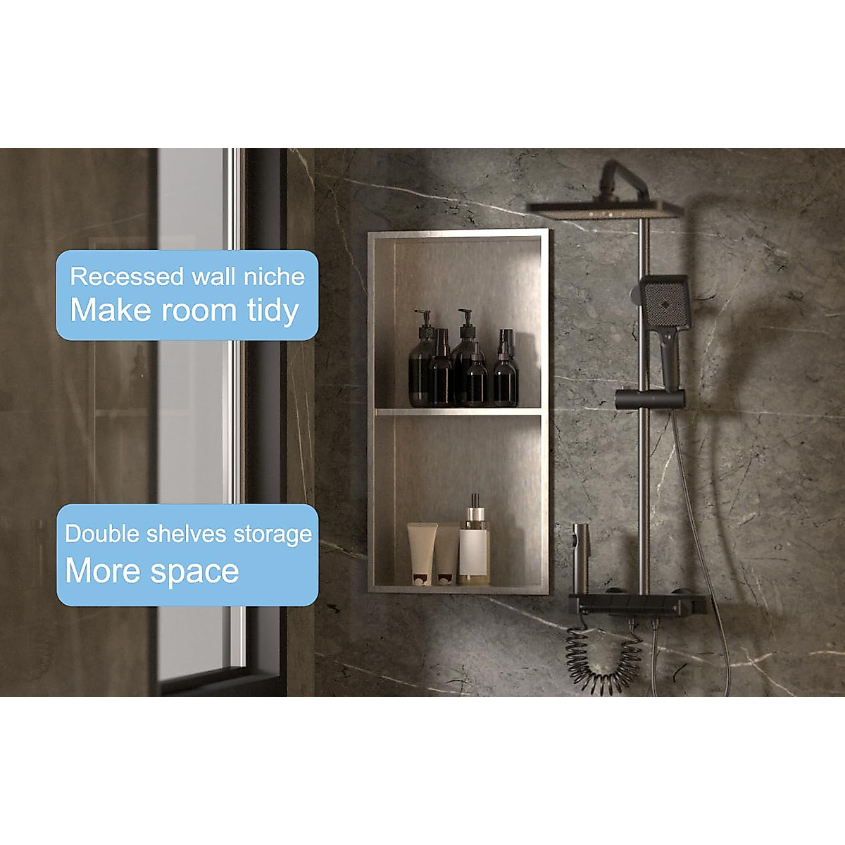 IKITRAEE Finished Shower Niche for Bathroom Storage,No Tile Needed,Recessed Wall Niche,Double Layer Storage,Made of Stainless Steel,24 in X12 in X4 in，Primary Color Brushed