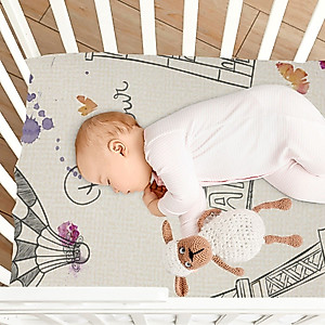 Hand Drawn Parisian Baby Crib Sheets Soft Toddler Bed Sheets Breathable Mattress Cover Crib Mattress Sheet for Newborn All Seasons Boy Toddler Baby Bed Mattress, 52 * 28 * 9in