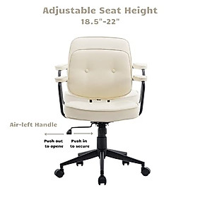 HEAH-YO PU Leather Home Office Desk Chair, Height-Adjustable Computer Desk Chair with Wheels and Arms, Swivel Task Chair with Back Support for Home Office, White
