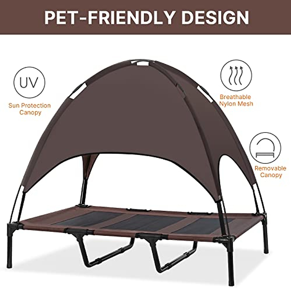 Heeyoo 48 Inches Extra Large Elevated Dog Bed with Canopy, Portable Indoor Outdoor Pet Cot with Removable Canopy Shade Tent for Dogs and Cats, Brown