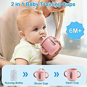 Palmatte Baby Toddler Cups with Straw for Infants 6 M+, 200ml Perspective Silicone Training Cup with Lid Handle Marks, Open Sippy Cups 6-12 Months Baby Led Weaning Supplies Baby Shower Gifts (Blush)
