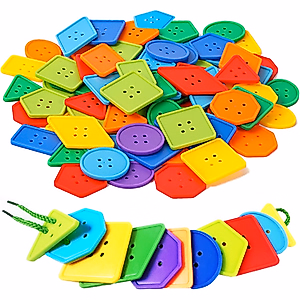 70 Pcs Montessori Lacing Threading Toy - Geometric Shaped Large Beads for Kids Crafts, Preschool Activities and Daycare Toys - Autism Learning Materials and Fine Motor Skills Toys for 3 4 5 6 Year Old