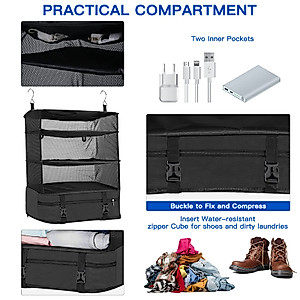 Aomiduo Portable Hanging Travel Shelves with Toiletry Bag Set, OUMEDUO Premium Durable Oxford Packing Cubes for Suitcases Hanging Carry on Closet Luggage Organizers for Travel