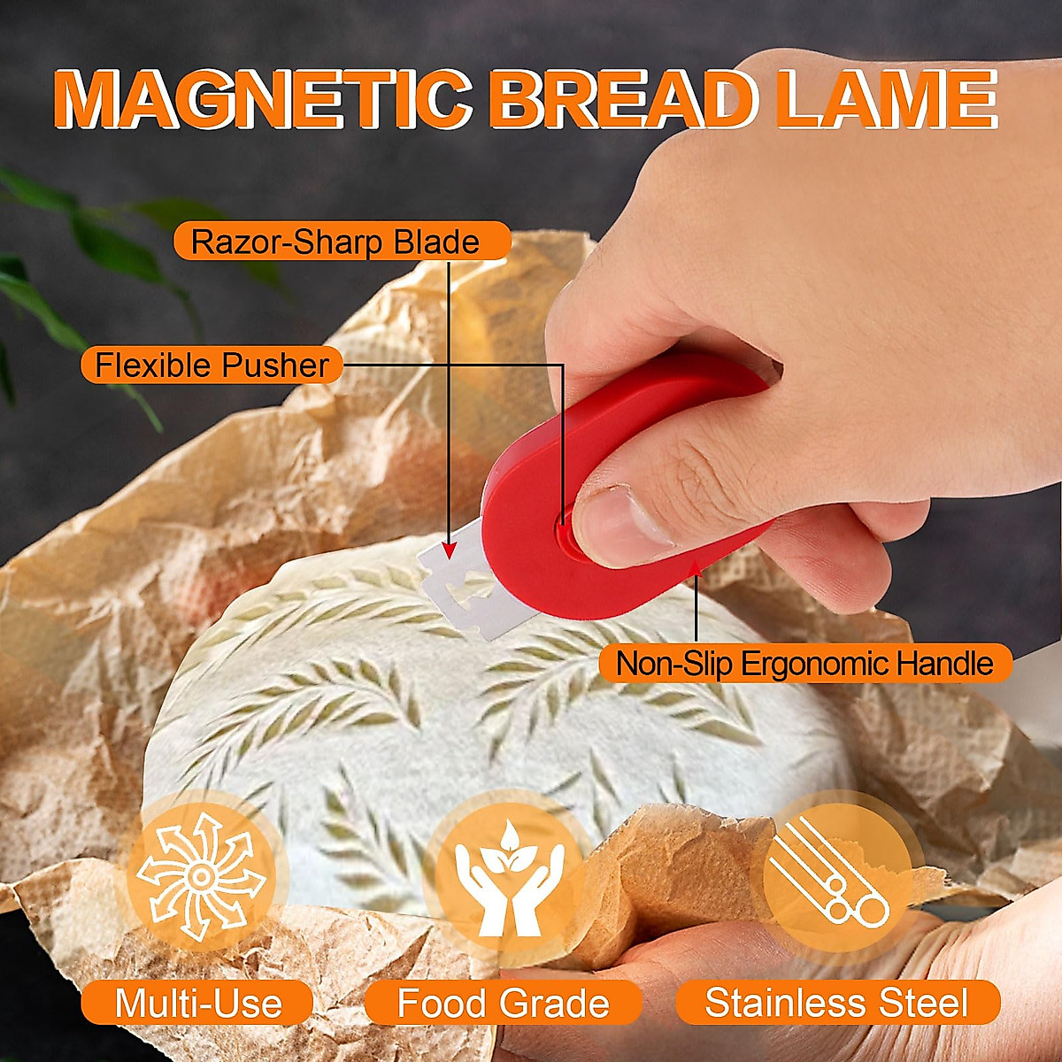 Giying6 Magnetic Bread Lame Dough Scoring Tool,Premium Sourdough Starter Kit,Integrated Push-pull Handle,for Professional Sourdough Baking & Bread Making Tools,contain 5 Razor Blades (Red)
