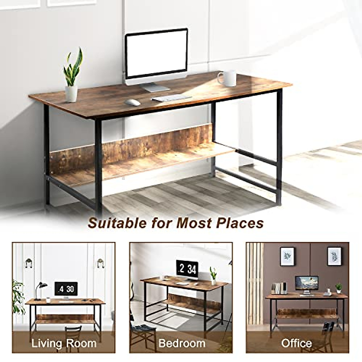 BROWN-BROWN 55 Inch Computer Desk, Home Office Desk with Extra Storage, Personal Laptop Pc Workstation, Student Study Desk, Metal Frame Wood Table for Reading Writing, Rustic Brown (55'')…