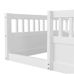 FUQIAOTEC Twin Size Kids Floor Bed Frame, Montessori Wood Floor Bed with Safety Guardrails and Slats for Bedroom Playroom, White Fence, 78" W x 41" D x 20" H