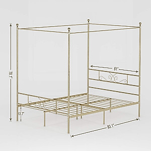 Weehom Queen Canopy Bed Frame with Headboard and Footboard, 4 Posters Metal Bed Frame, No Box Spring Needed, Mattress Foundation Platform Bed for Kids and Adults, Gold