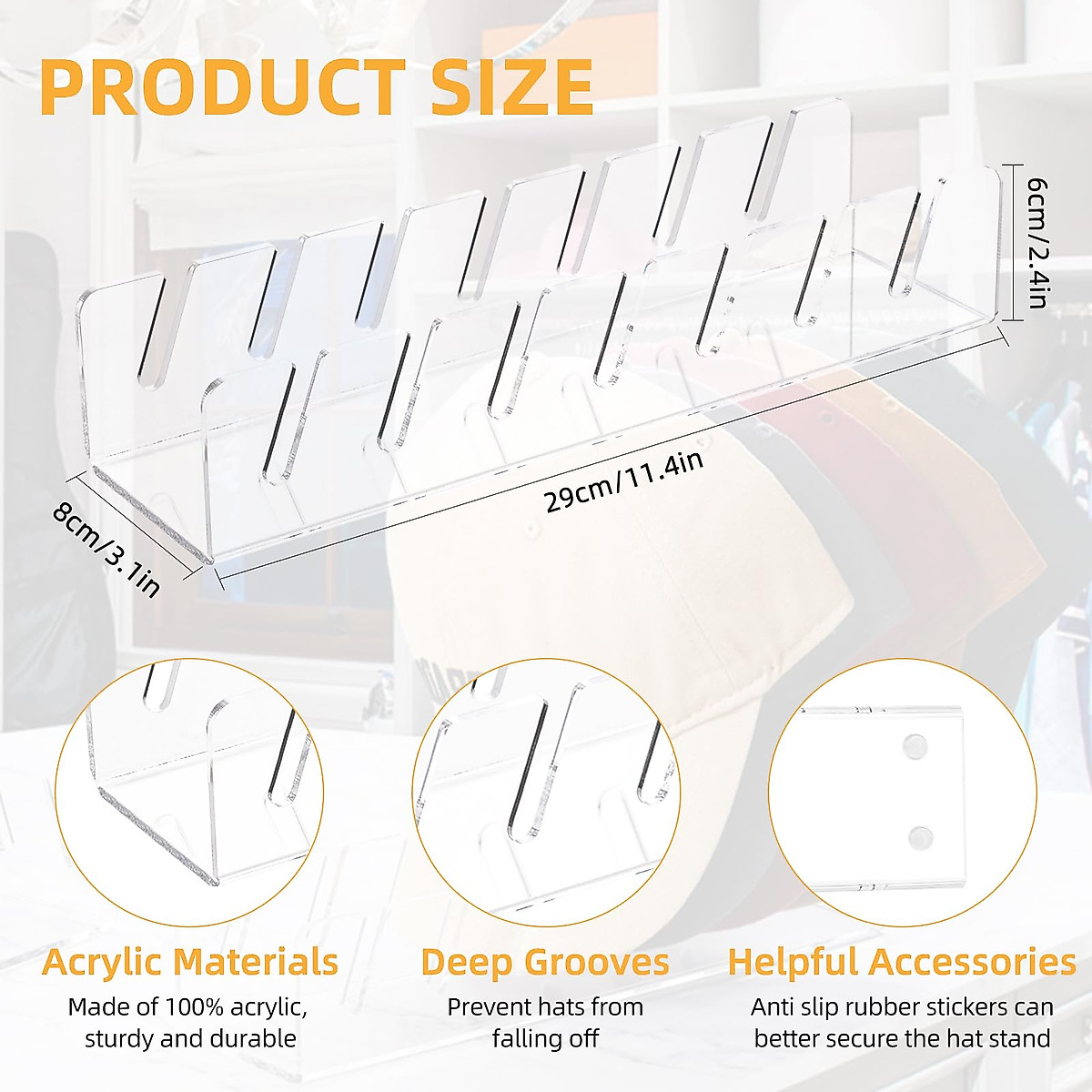 AtawLege 2024 New Hat Stand for Baseball Caps Display and Organizer, 2Pcs No Install Acrylic Hat Storage Stand, Hat Holder for 14 Caps, Hat Organizer for Bedroom, Closet, Dresser(Transparent)