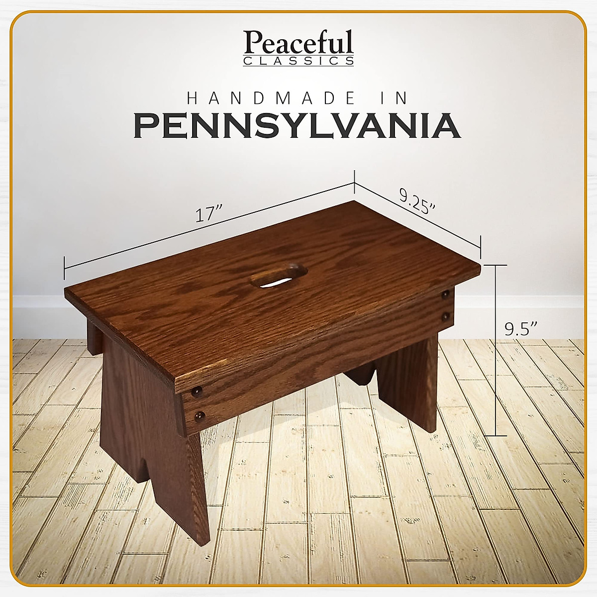 Peaceful Classics Step Stool - Amish Handmade Kids Step Stool - Bathroom, Bedroom, Living Room Or Kitchen Step Stool for Adults - Multipurpose Foot Stool Made of Solid Oak (9" High, Harvest)