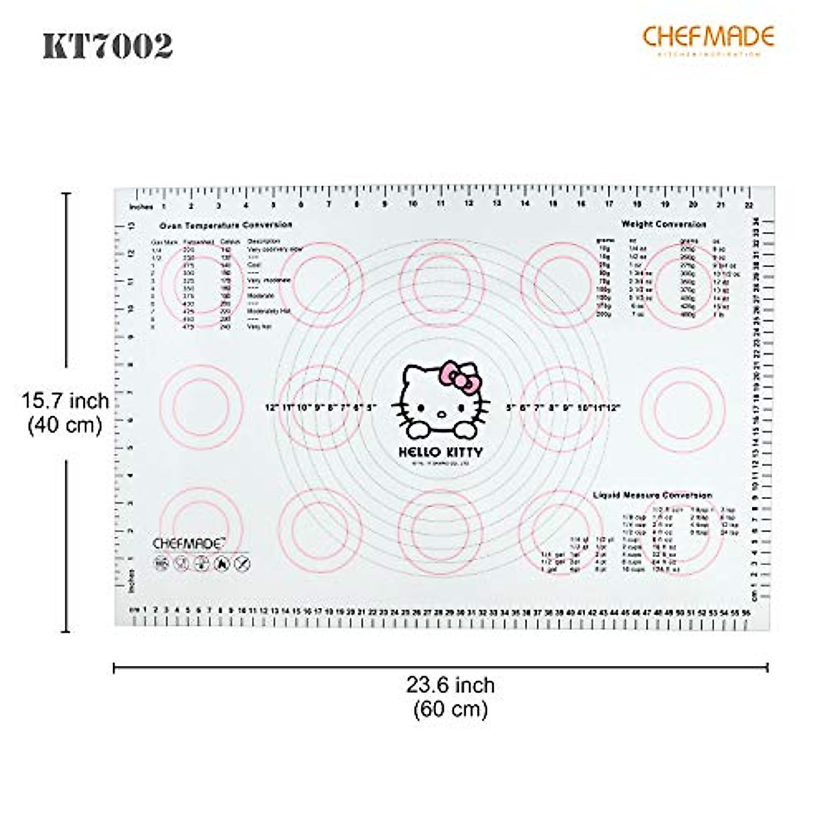 CHEFMADE Hello Kitty 23-Inch Rectangle Silicone Baking Mat with Measurements, Non-stick Heat Resistant Rolling Dough Mat, for Pastry,Pizza, Fondant and Pie Crust Making 15" x 23" (Pink)