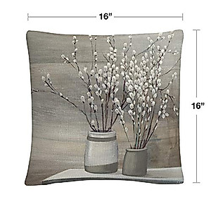 Trademark Fine Art Pussy Willow Still Life Gray Pots Crop by Julia Purinton, 16x16 Decorative Throw Pillow
