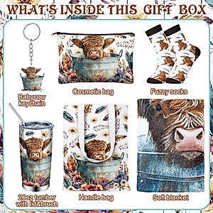 Tiangrid 6 Pcs Western Highland Cow Gifts for Women Include 20 oz Highland Cow Stainless Steel Tumbler with Lid Straw Cosmetic Bag Throw Blanket Keychain Socks Handbag for Highland Cow Lover