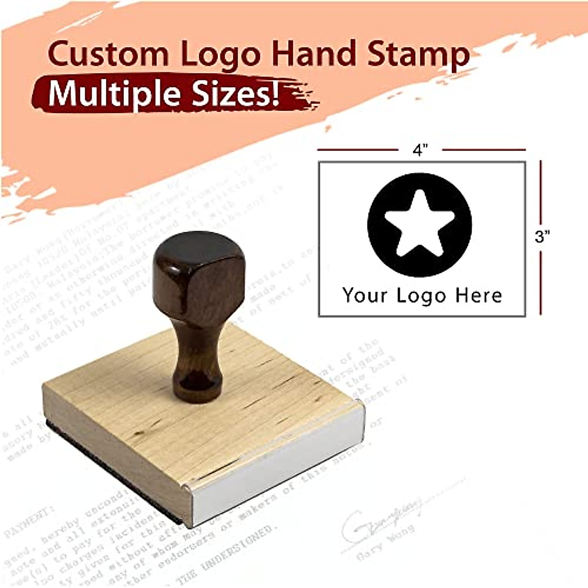 Personalized Rubber Hand Stamp, Wood Handle with Custom Logo | Multiple Size Options Available | Upload Your Own Logo (3"x4")