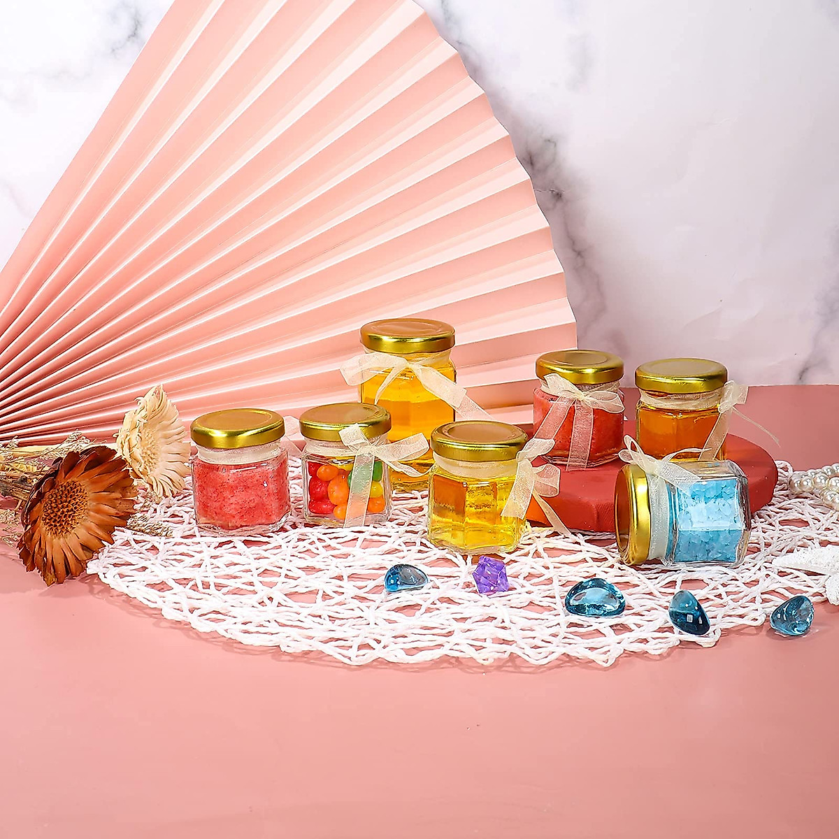 BIGIVACA 1.5 oz Hexagon Glass Jars with Golden Lids.Set of 48 Pack Mini Canning Jars Containers for Spice Jam,Jelly, Wedding Favors, Honey And More. Small Jars.Include 1 Chalk Pen and 80 Labels.