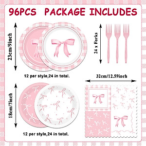 96pcs Pink Bow Party Supplies Bow Birthday Party Plates and Napkins Pink Bow Party Decorations for Girl Bachelorette Bridal Engagement Baby Shower Coquette Cute Tableware Dinnerware Serves 24 Guests