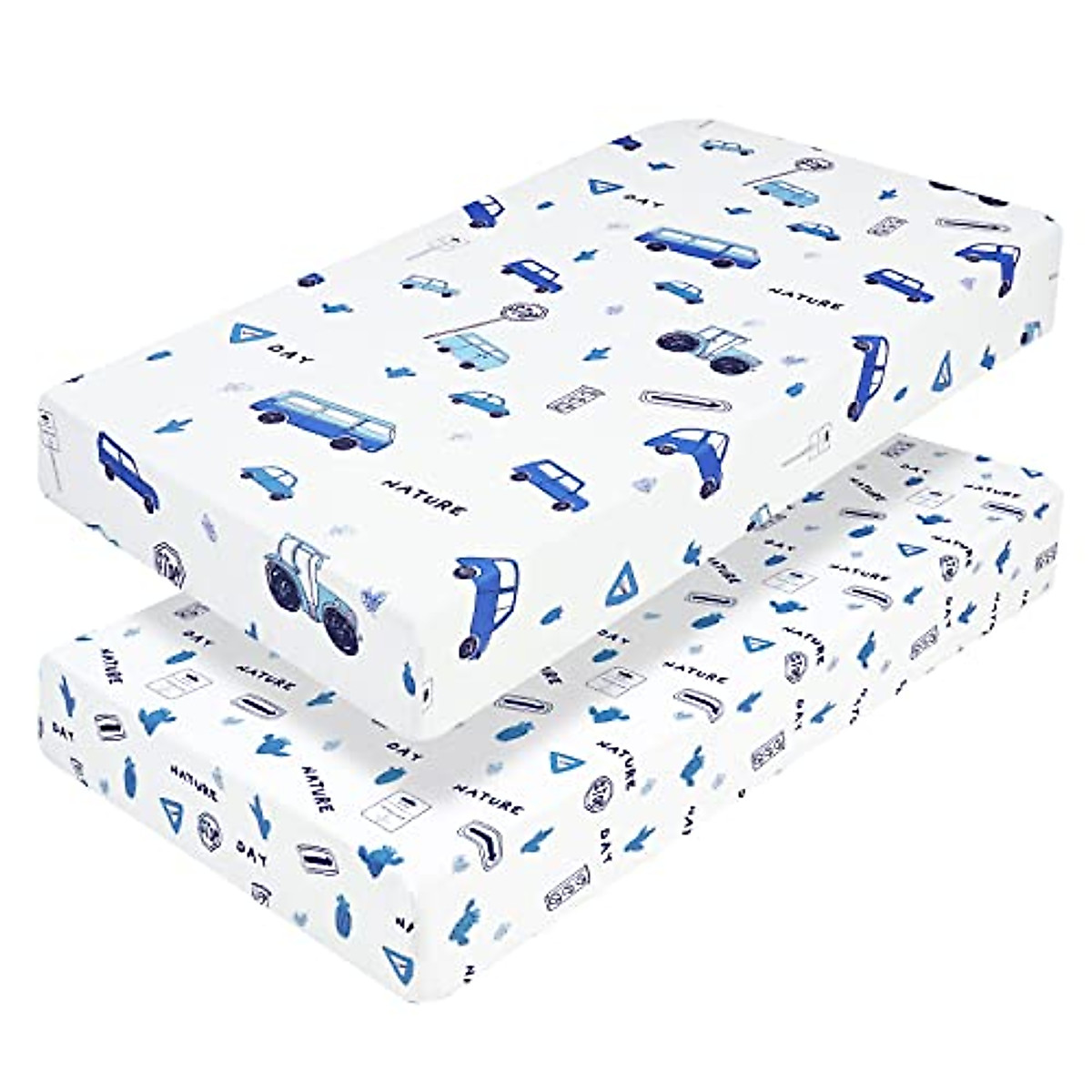 PHF Soft Car Crib Sheet Fitted, 2 Pack Silky Comfy Breathable Baby Sheets for Boys Girls，28x52x9in Fits Standard Crib and Toddler Mattresses, Cars