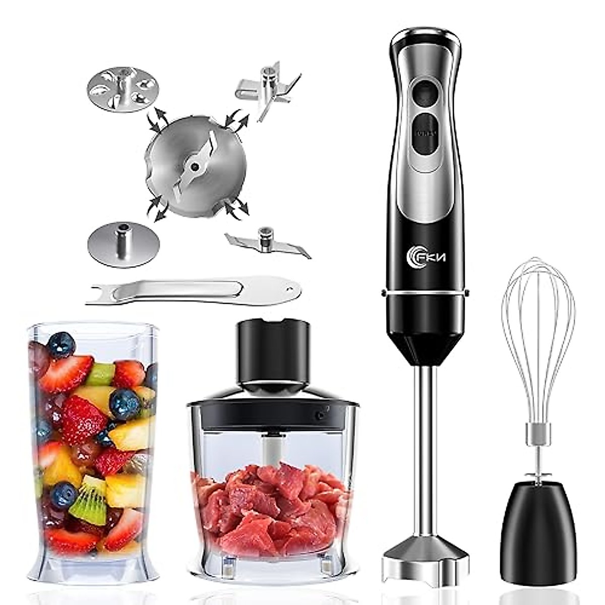 FKN Immersion Blender Handheld with 4 Interchangeable Blades,8 in 1 Hand Blender Electric with 500W Motor,8 Speed and Turbo Mode Handheld Blender Stick with 500ml Chopper,Mixing Beaker, and Whisk