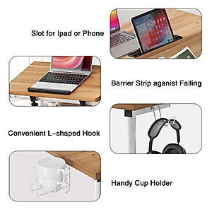 soges Rolling Standing Desk, Height Adjustable Home Office Desk, Mobile Sit-Stand Laptop Desk with Cup Holder and Hook, Portable Desk with Wheels, Oak