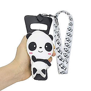 Girlyard for Samsung Galaxy S10 Plus Silicone Case with 3D Cartoon Animal Zipper Wallet Purse Stand Holder Cover and Long Detachable Lanyard Strap Phone Case for Kids Girls,Black Panda