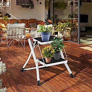 Goplus 2 Step Ladder, Lightweight Folding Step Stool with Anti-slip Pedals, Non-slip Foot Covers, Heavy Duty Metal Stepladder for Household, Kitchen, 330 LBS Weight Capacity, White & Black