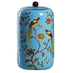 Blue Ceramic Cylinder Vase Ginger Jar with Lid for Home Decor, Floral Bird Temple Jar Vase Traditional Porcelain Dried Flower Vases Gift Jar Decoration for Living Ro S