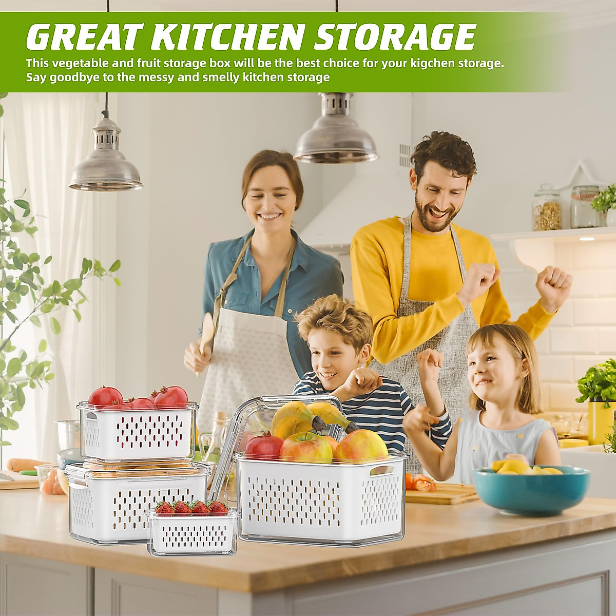 HILETY 4 PCS Fruit Storage Containers for Fridge with Removable Colander, Dishwasher Safe Produce Saver Container for Refrigerator,Airtight Food Storage Container