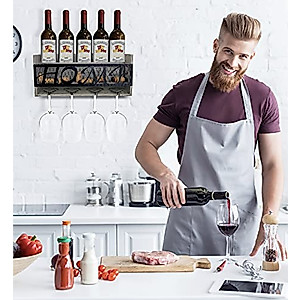 CoTa Global Modern Grey Wall Mounted Wine Rack - Wooden Wine Bottle Holder for 5 Bottles & 4 Wine Glasses with Cork Storage, Hanging Metal Home Sign & Organizer Wood Shelf for Wine Bar & Home Décor