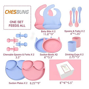 Baby Led Weaning Supplies, 16Pack Silicone Baby Feeding Set Baby Feeding Supplies Baby Eating upplies Infant Self Eating Utensil Set with Suction Bowls Plates Bibs Cups Spoons and Forks - 6+ Months