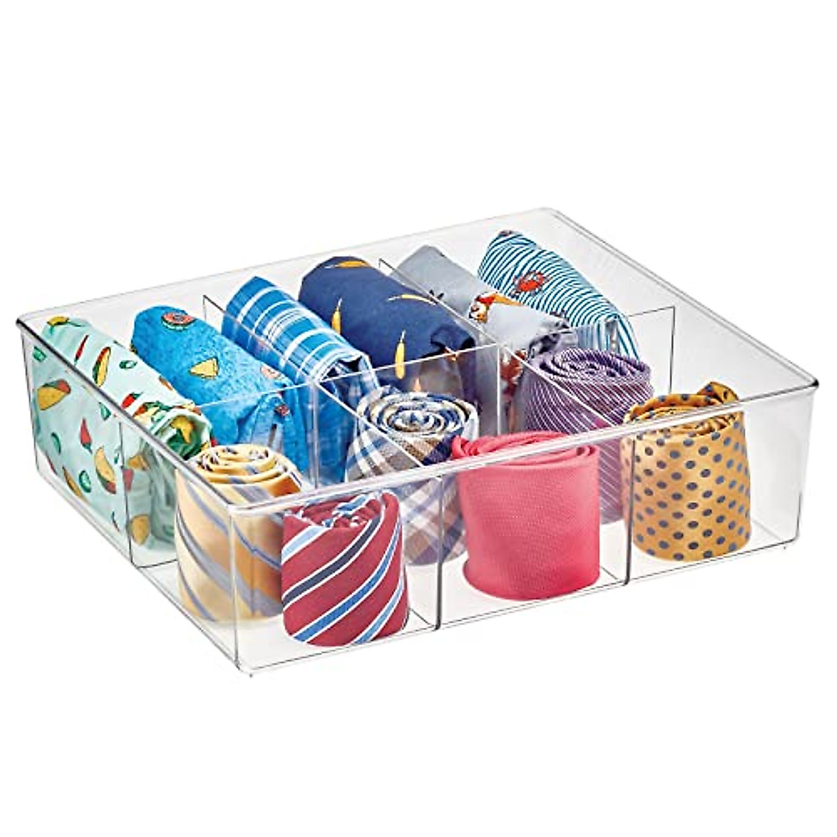 mDesign Plastic 6 Compartment Dresser Drawer Divided Organizer Bin for Scarves, Socks, Bras, Hair Ties, Belts, Underwear - Closet Shelf Storage Organization, Lumiere Collection, 2 Pack, Clear