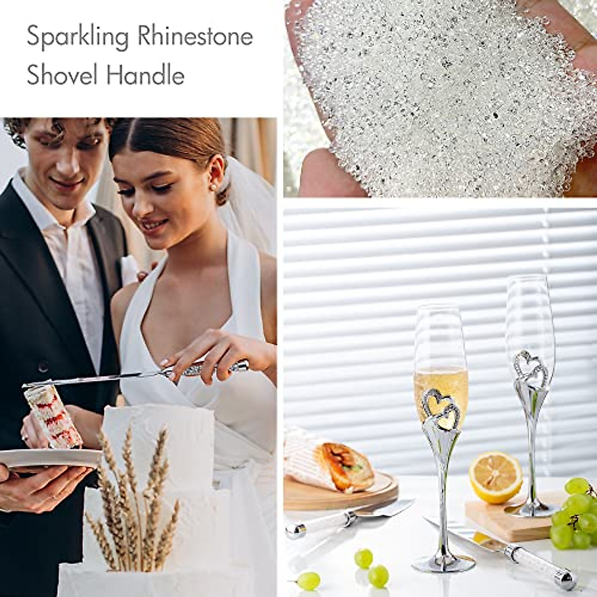 VARLKA Wedding Champagne Flutes and Cake Knife Server Set Wedding Gifts Toasting Glasses with Rhinestone Rimmed Hearts Decoration for Couple Bride and Groom, Cake Cutting Set of 4 for Wedding