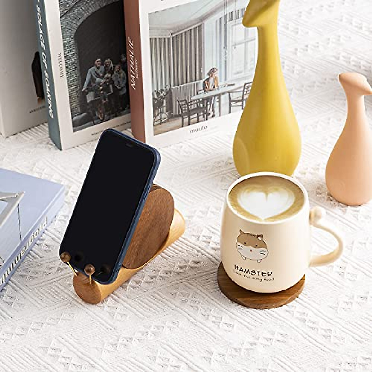 Wooden Coasters for Drinks-Natural Acacia Wood Drink Coaster Set for Drinking Glasses , Tabletop Protection for Any Table Type , Set of 5-Dia 3.5*3.5inchs（New Snail Coasters）