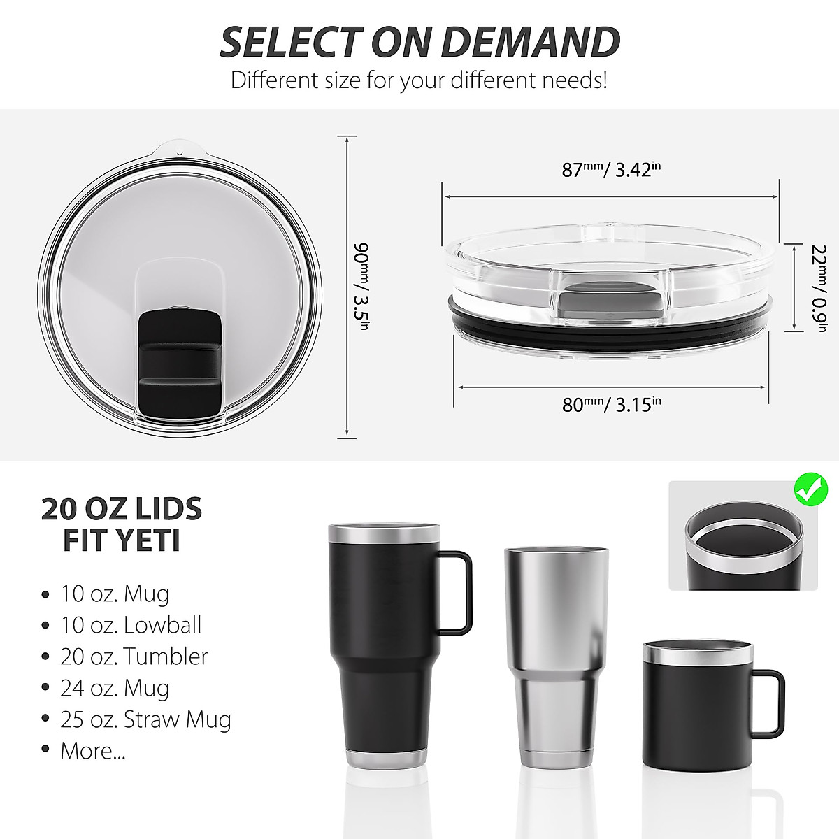 CeleVista 20 oz Tumbler Lid for YETI, 2 Pack Replacement Lids for YETI 20 oz Rambler, 10/24 oz Mug and 10 oz Lowball, Spill Proof Coffee Cup Covers with Magnetic Slider for Outdoor, Gift, BPA Free