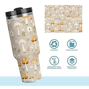 linqin Cute Mushrooms Vacuum Tumbler Insulated with Straw Lid 30 oz Girls Water Bottle Reusable Big Coffee Mug for Water, Iced Tea or Coffee