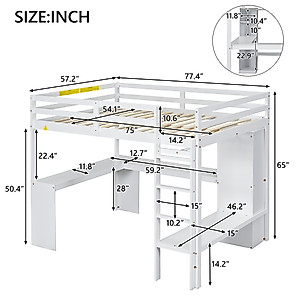 THINK 30 Full Size Loft Bed Frame with L-Shaped Desk, Wardrobe and Storage Shelves, Multifunctional Wood Loft Bed with Desk & Stairway for Kids Boys Girls Teens (White, Full)