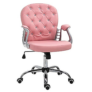Vinsetto PU Leather Home Office Chair, Button Tufted Desk Chair with Padded Armrests, Adjustable Height and Swivel Wheels, Pink