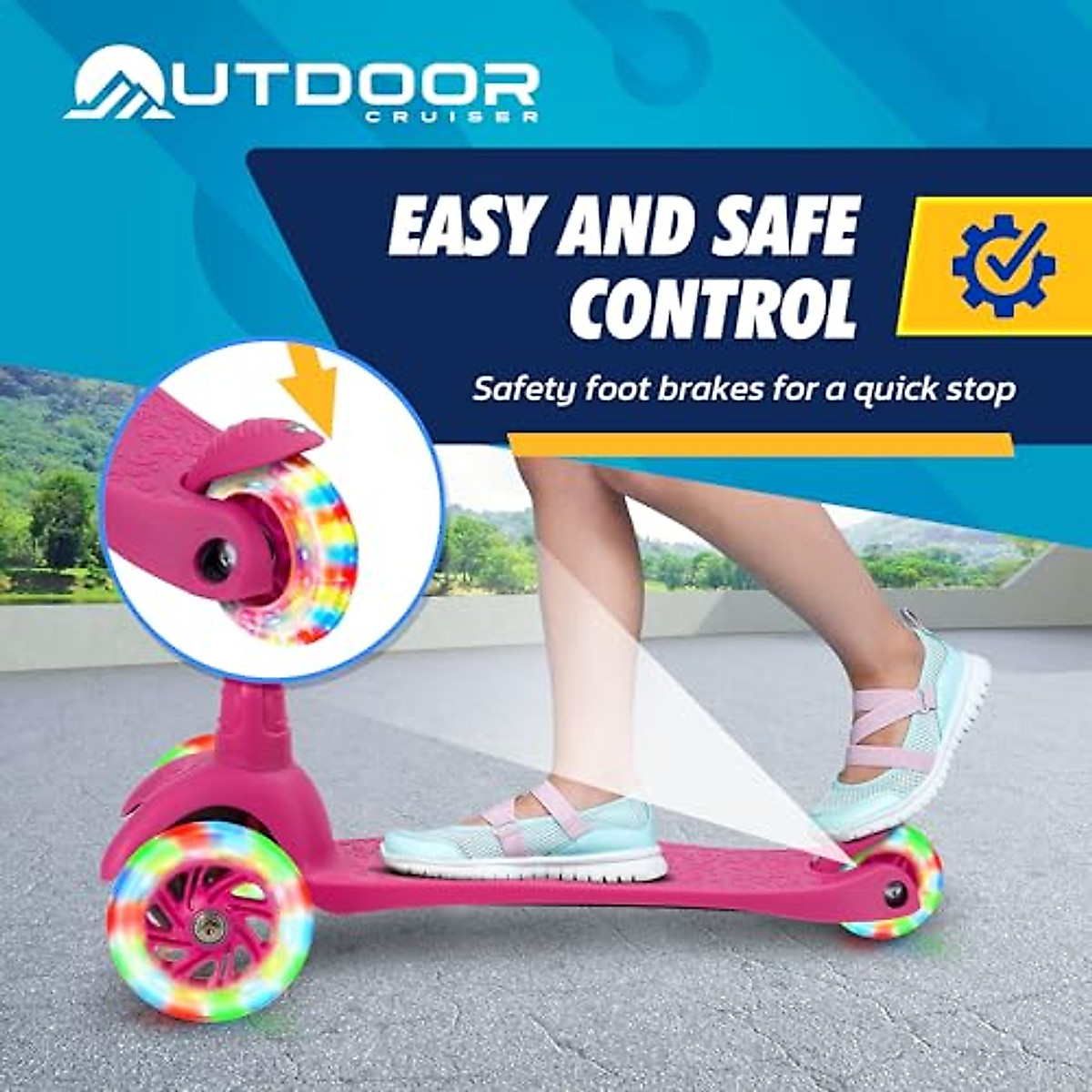 Outdoor Cruiser 3-Wheel Kids Scooter – with Lean-to-Steer Technology, Wide Deck, Led Lighted Wheel, 4-Level Adjustable Height T-bar Handle, Support Kids Up to 150 Lbs, for Boys & Girls Ages 3-8, Pink
