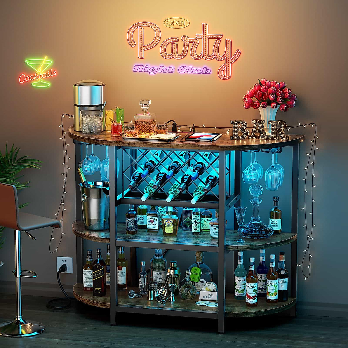 Zarler Bar Table Cabinet with Power Outlet, LED Home Mini Bar Cabinet for Liquor, Metal Wine Bar Stand with 4-Tier Storage, Easy to Assemble, Brown