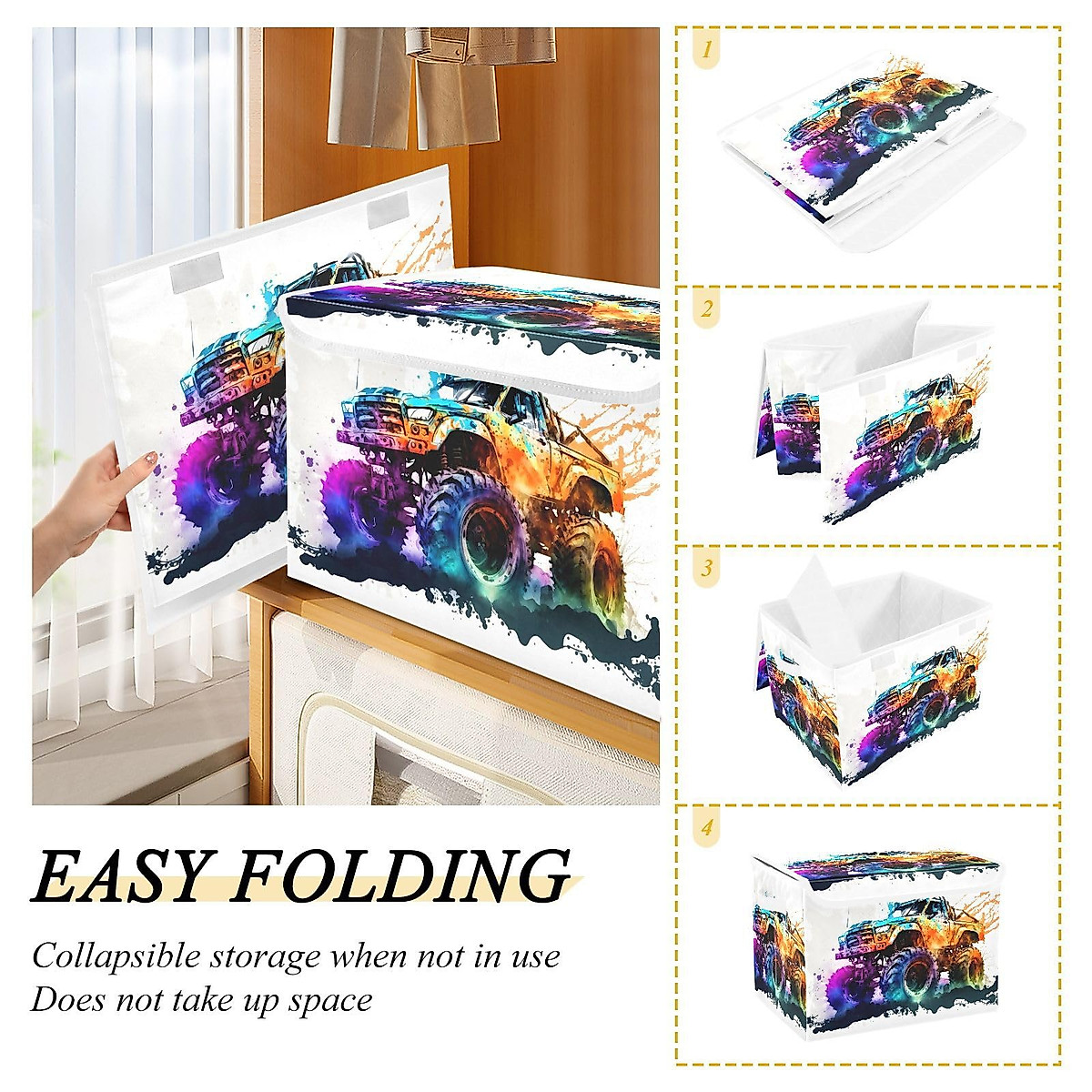 Vnurnrn Storage Bin with Lid Collapsible Rainbow Monster Truck Print, Large Capacity Foldable Storage Basket Cube for Clothes Toys 16.5×12.6×11.8 IN