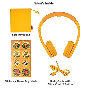 ONANOFF BuddyPhones Explore+, Volume-Limiting Kids Headphones, Foldable and Durable, Built-in Audio Sharing Cable with in-Line Mic, Best for Kindle, iPad, iPhone and Android Devices, Sun Yellow