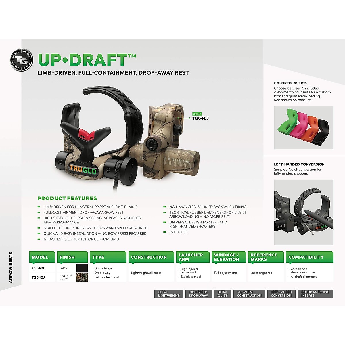 TRUGLO Updraft Limb Driven Arrow Rest Right Hand/Left Hand Rest Realtree XTRA
