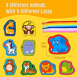 9 Pieces Kids Lacing Cards, Double Sided Sewing Cards in 9 Wild Animals with 9 Colorful Laces, Imagination Development Lacing Toys Games for Children Educational and Learning Activity