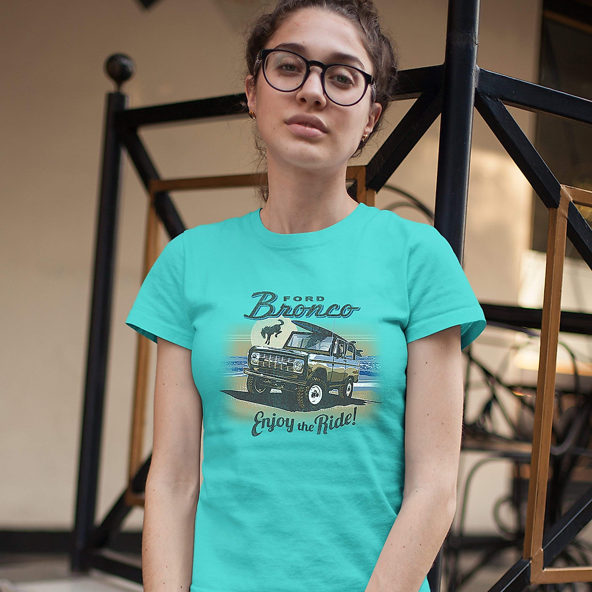 Ford Bronco Women's Novelty T-Shirt Enjoy The Ride Offroad SUV Licensed Tee Light Blue Small