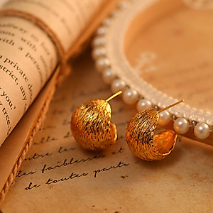 MRSXIA Hoop Earrings for Women Gold Chunky Dome Textured Half Open C-shape Stud 18K Gold Filled Small Simple Delicate Hypoallergenic Illusion Ear Jewelry