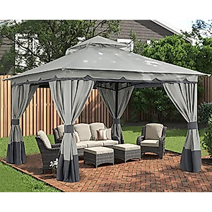 ABCCANOPY 10'x10' Outdoor Gazebo, Double Roof Patio Gazebo with Shade Curtains, Light Gray