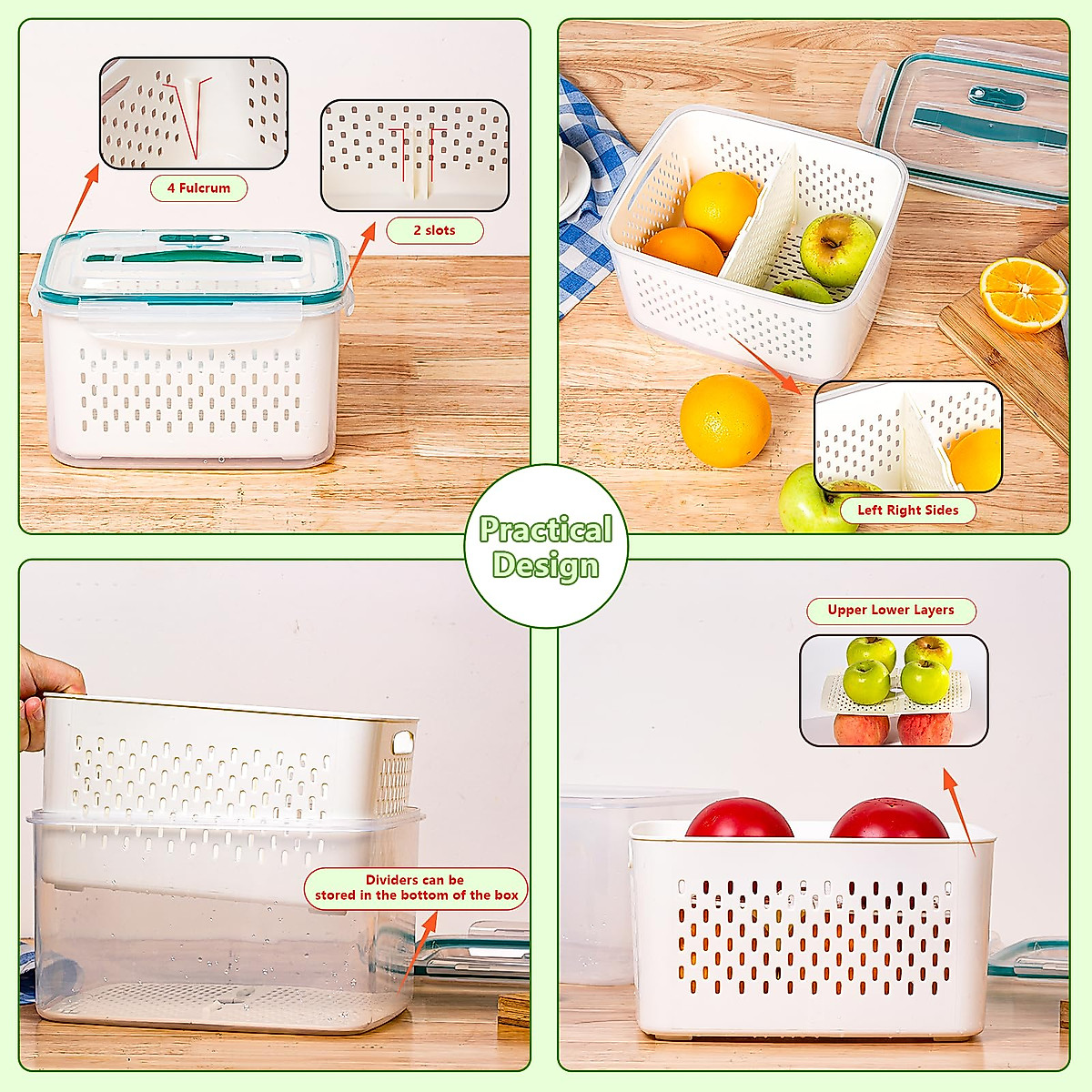 5 PCS Fruit Storage Containers for Fridge Leakproof Food Storage Containers with Removable Colander Label and Pen BPA-Free Fruit Containers for Fridge Keep Fruits, Vegetables, Meat Fresh longer