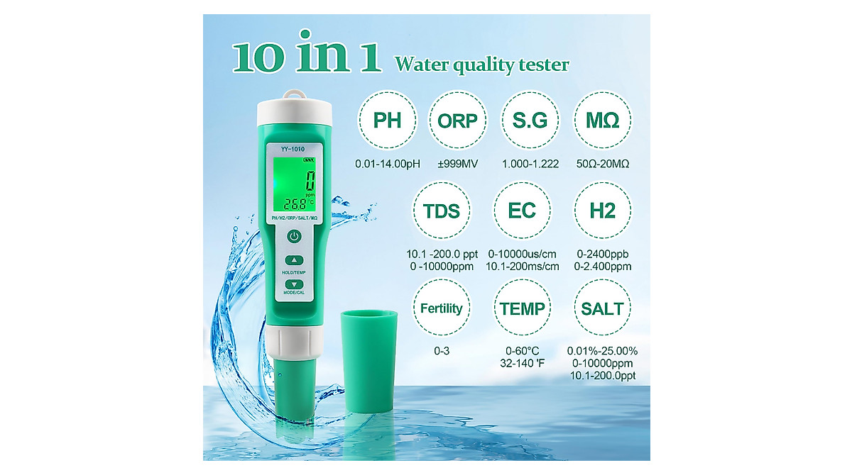 10-in-1 Hydrogen Water Tester - pH, TDS, EC & More