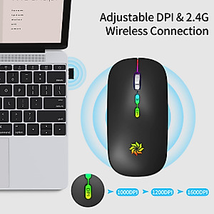 KBCASE LED Wireless Mouse Slim Silent Mouse 2.4G Rechargeable Wireless Computer Mouse Wireless Mouse for Laptop, MacBook, iPad, Chromebook, with USB & Type-c Receiver